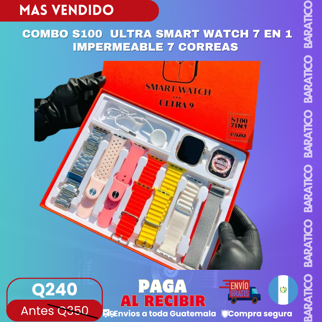 COMBO S100 Ultra Smart Watch 7 En 1 Impermeable 7 Correas 🔥 – BGT
